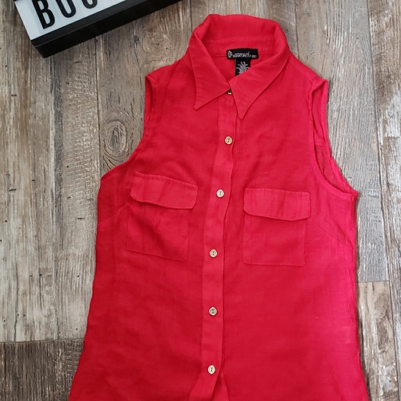 Signature Studio | Tops | Red Button Up Collared Top High Low | Poshmark